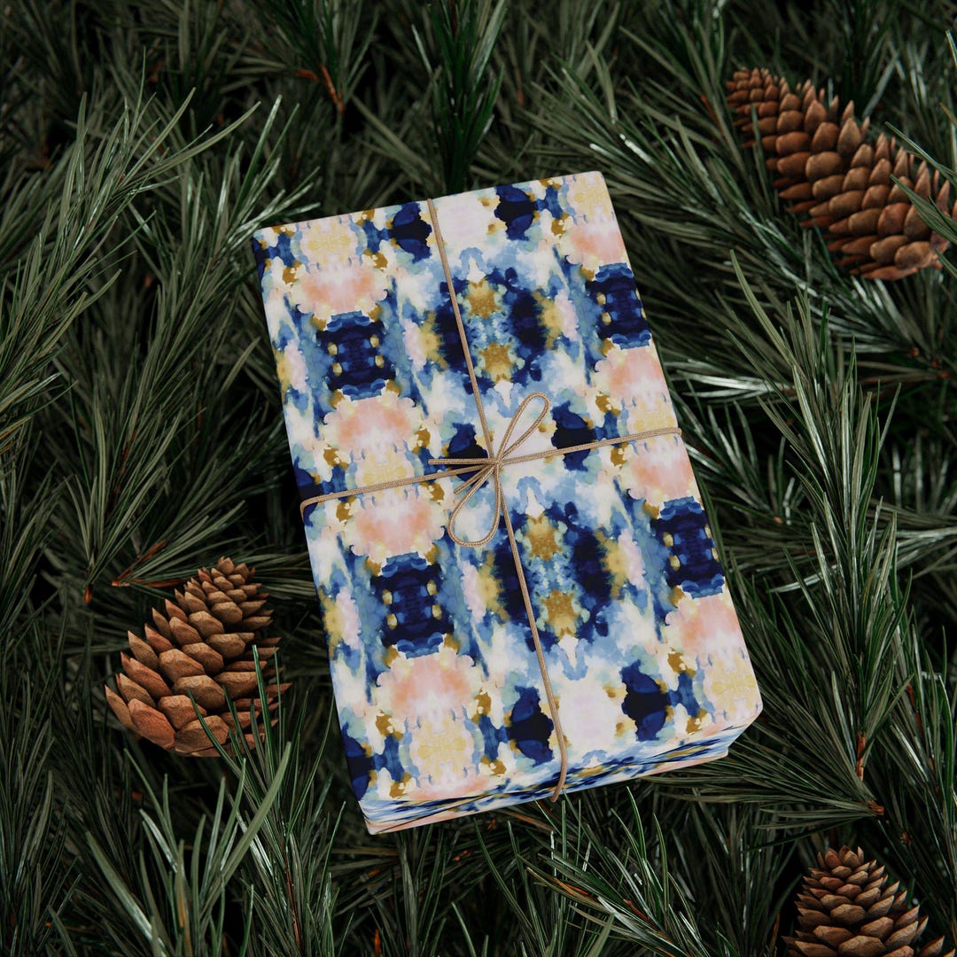 Boho Ikat Wrapping Paper Roll Blush Pink Navy Blue Abstract Art ...