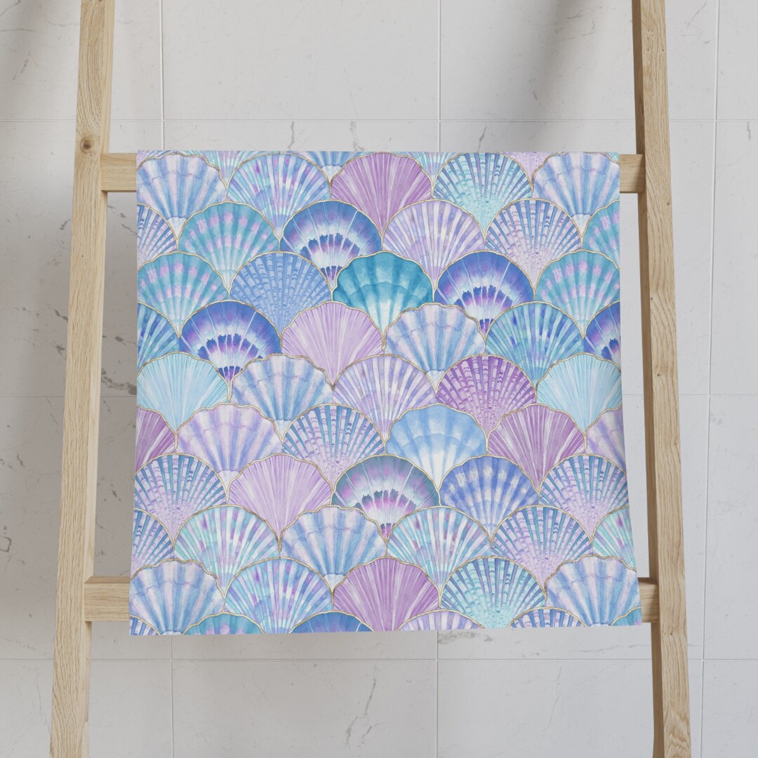 Sea Shell Hand Towel Purple Blue White Ocean Bathroom Decor Nautical ...