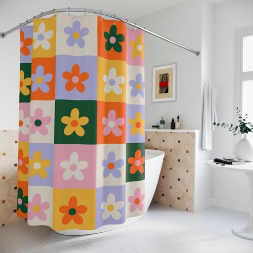 Retro Shower Curtain 70s Retro Bathroom Decor Floral Shower Etsy