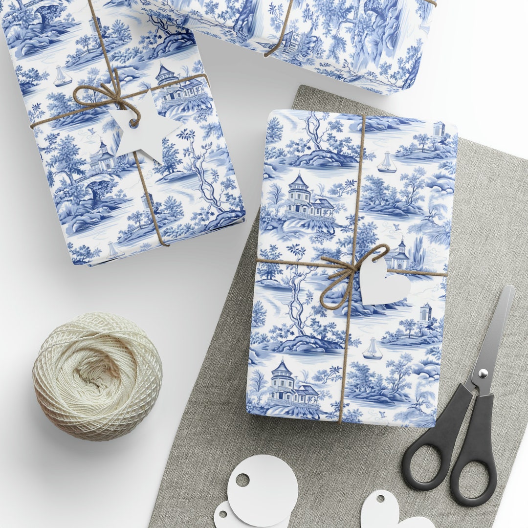 Toile De Jouy Wrapping Paper Blue and White Elegant Christmas Gift Wrap ...