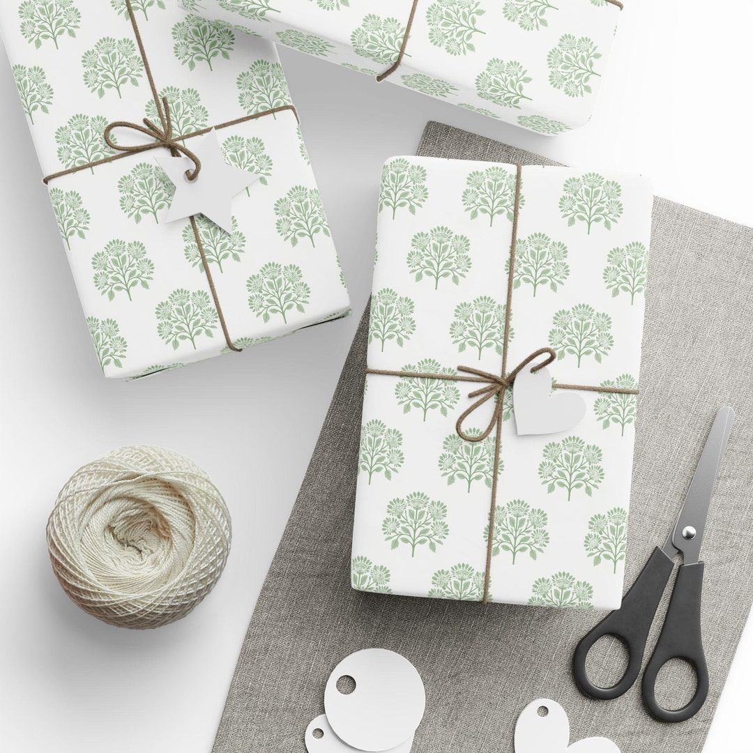 Block Print Wrapping Paper Sage Green Mint Vintage Christmas Gift Wrap ...