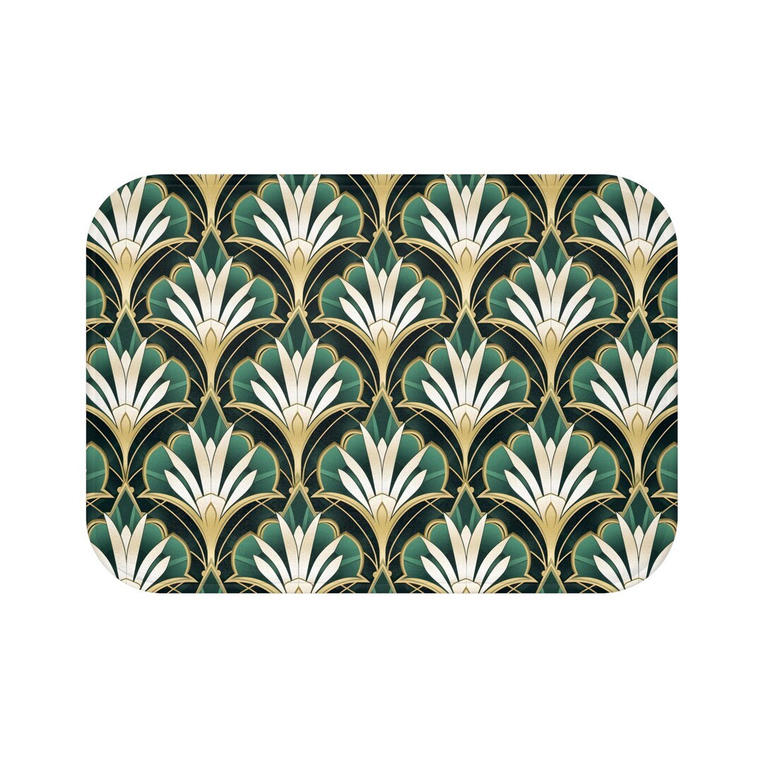 Art Deco Bath Mat Green Gold White Bath Mats Geometrical Flowers ...