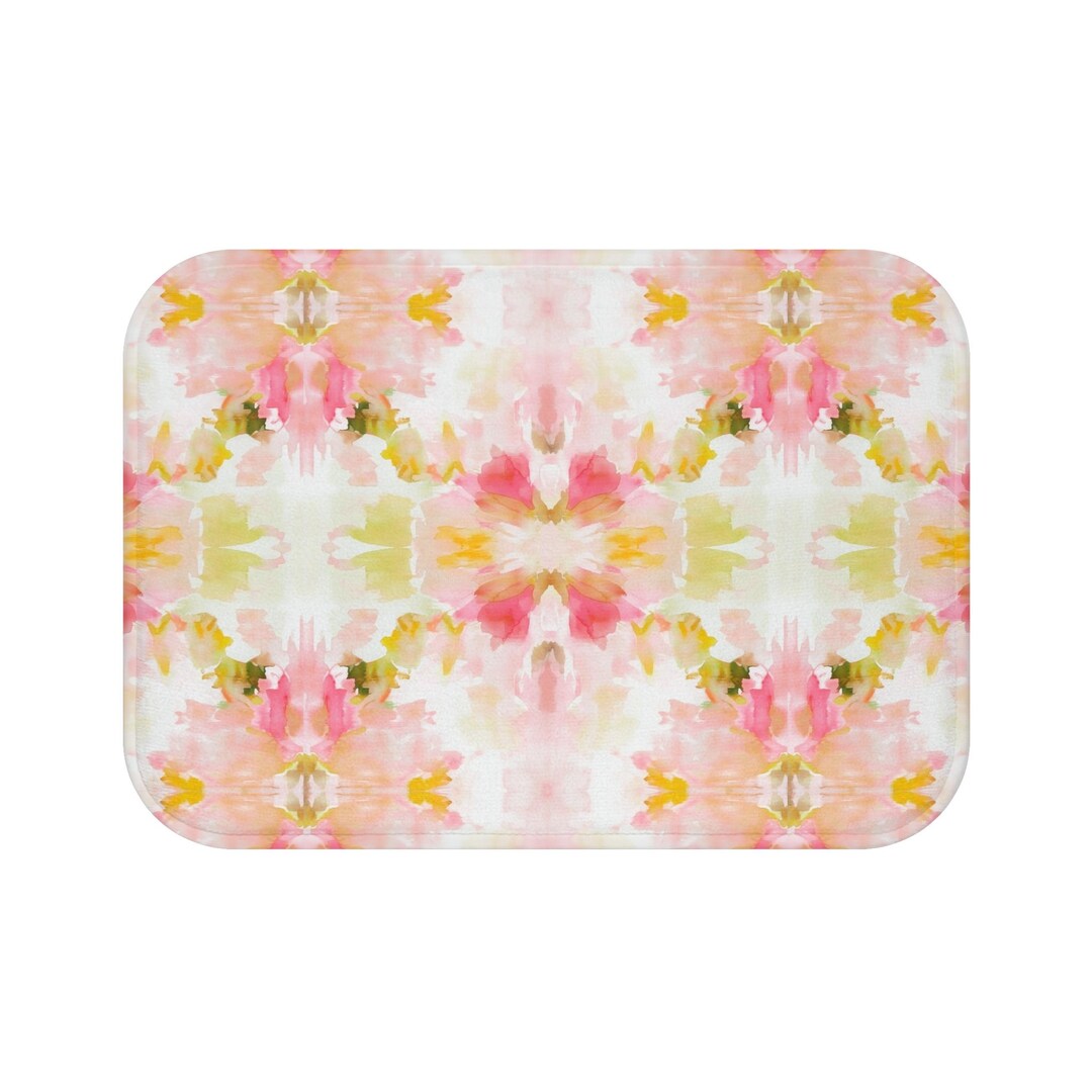 Abstract Art Bath Mat Watercolor Pink Green Yellow Bath Rug Pastel ...