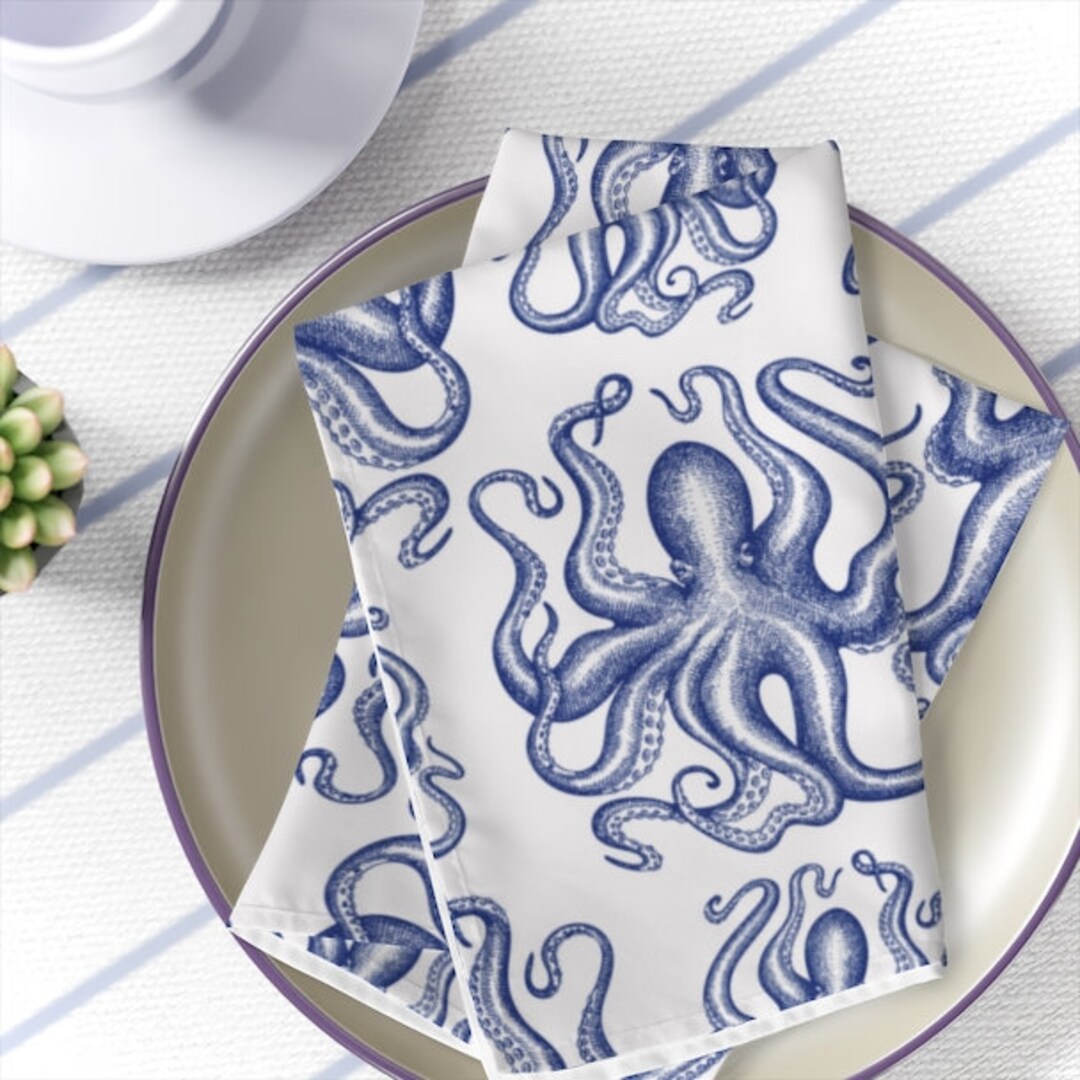 Octopus Table Napkins Sea Dinner Napkins Navy Blue White Kitchen Decor ...