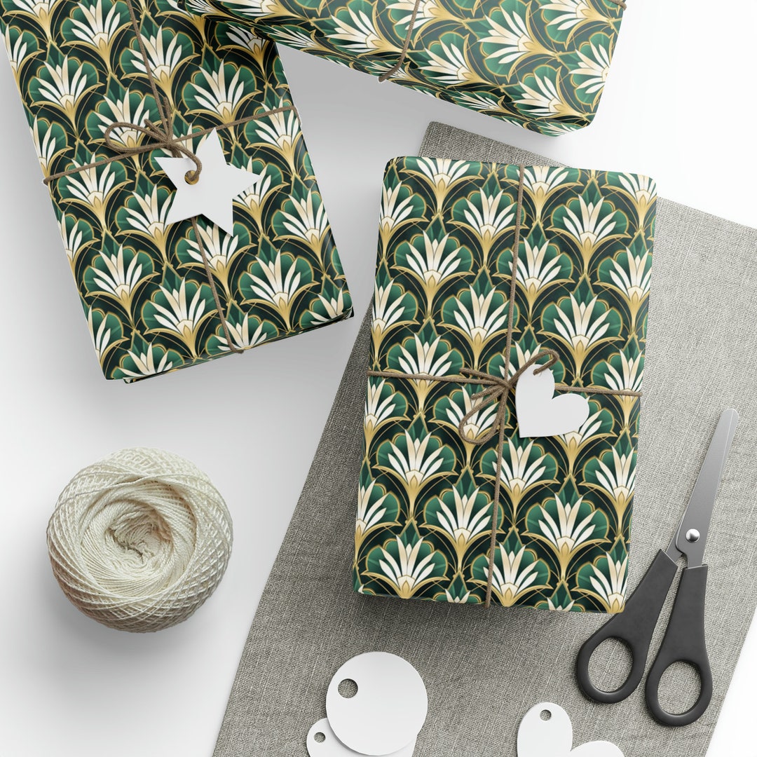 Art Deco Wrapping Paper Yellow Dark Green White Elegant Christmas Gift ...
