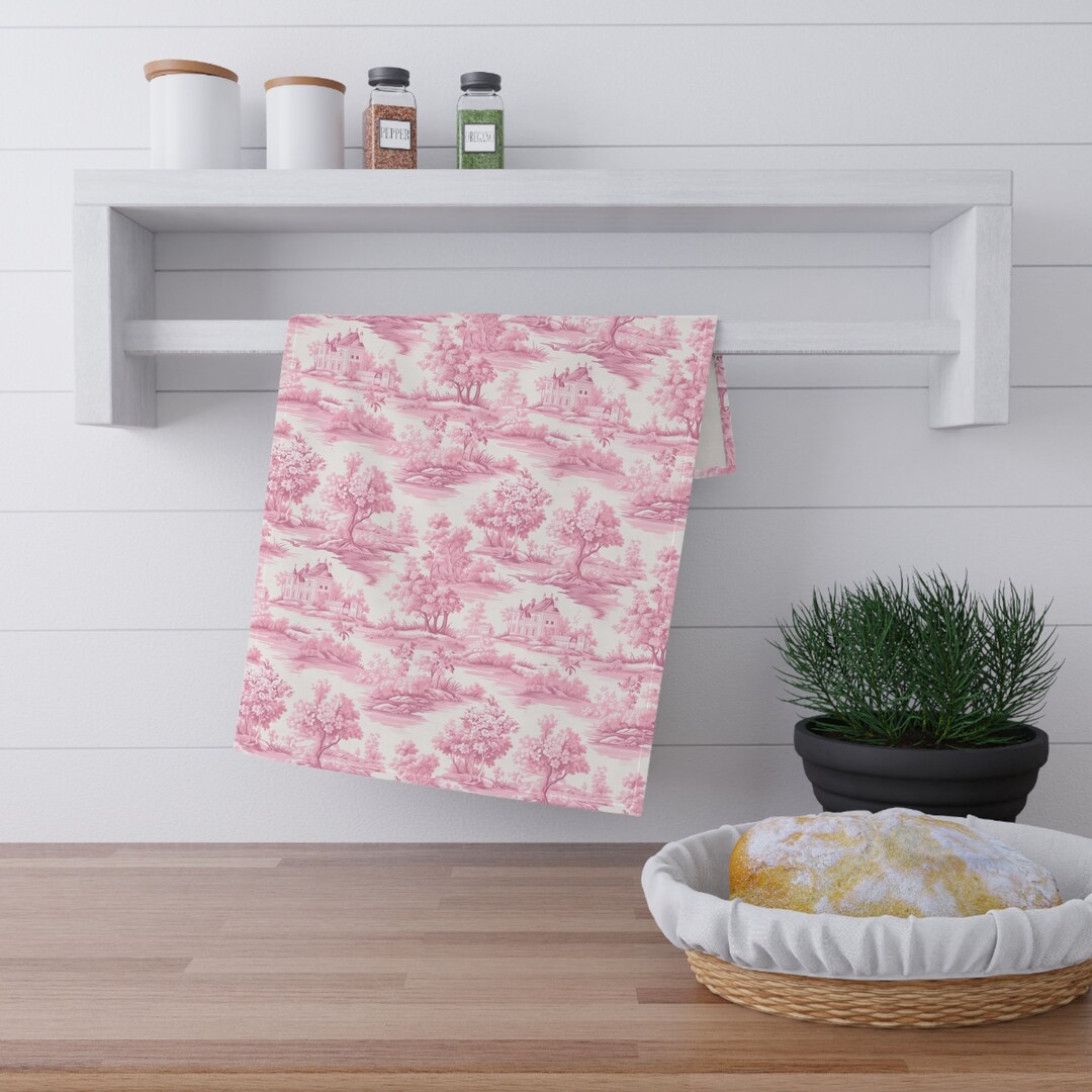 Toile Kitchen Towel French Village Dish Towel Kitchen Decor Pink White ...
