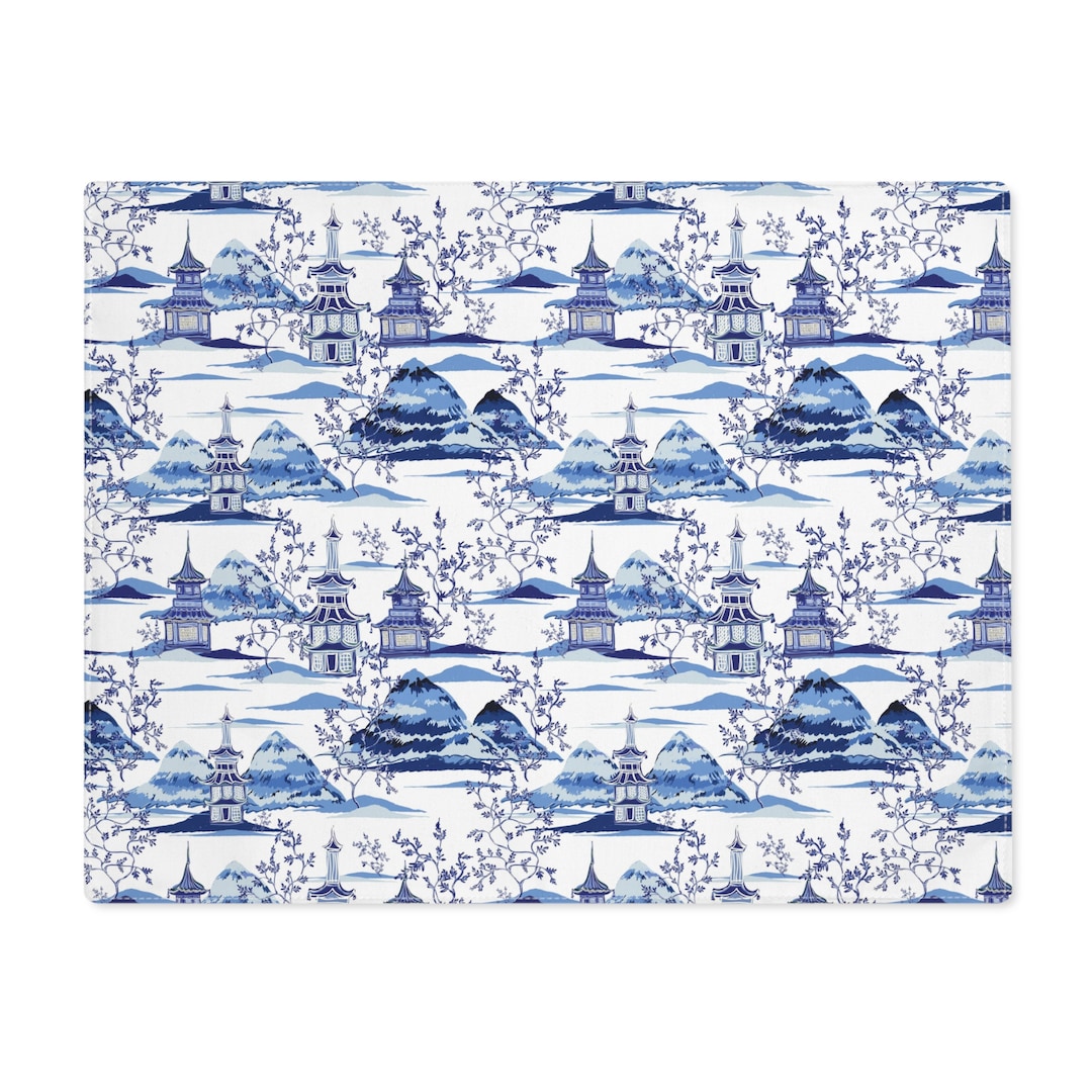 Chinoiserie Placemat Blue White Pagodas Fabric Placemats Retro Asian ...