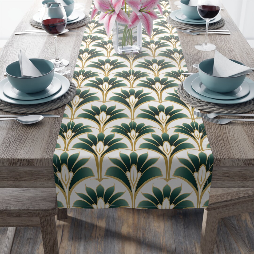 Art Deco Table Runner Dark Green Gold White Table Decor 1920s - Etsy