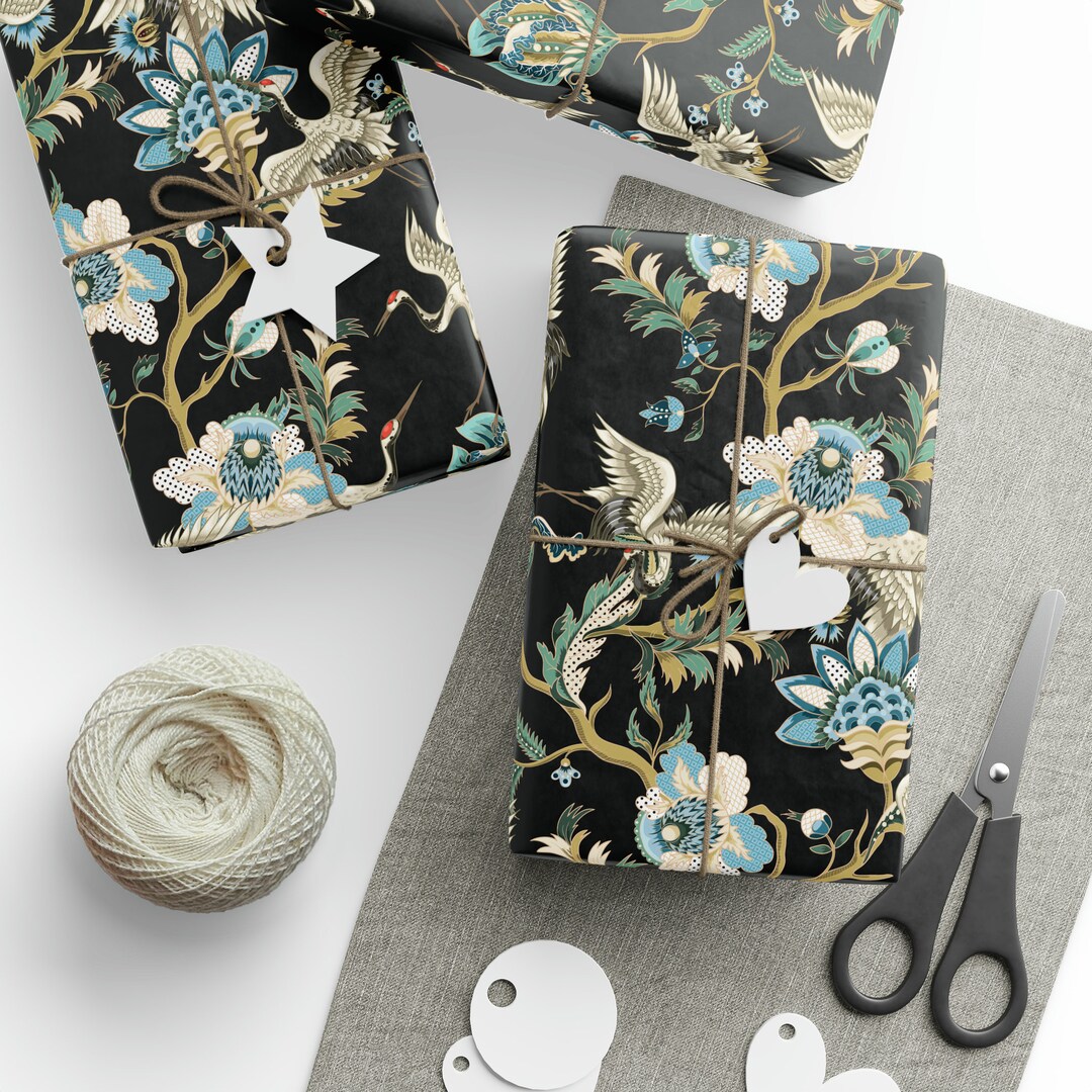 Japanese Wrapping Paper Flying Cranes Gift Wrap Blue Yellow Black White Birthday Gift Asian ...