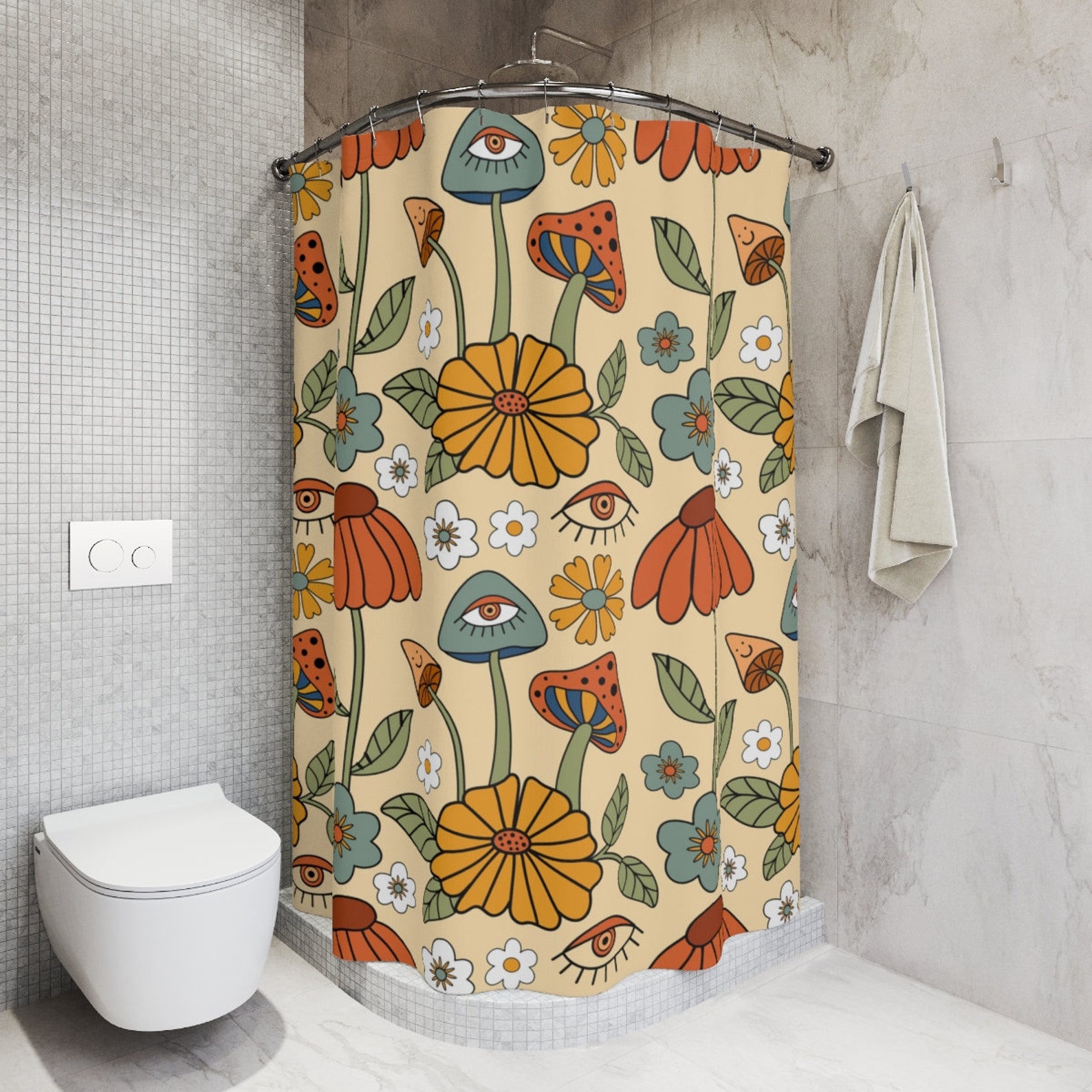 Retro Shower Curtain 70s 60s Retro Bathroom Decor Mushroom - Etsy