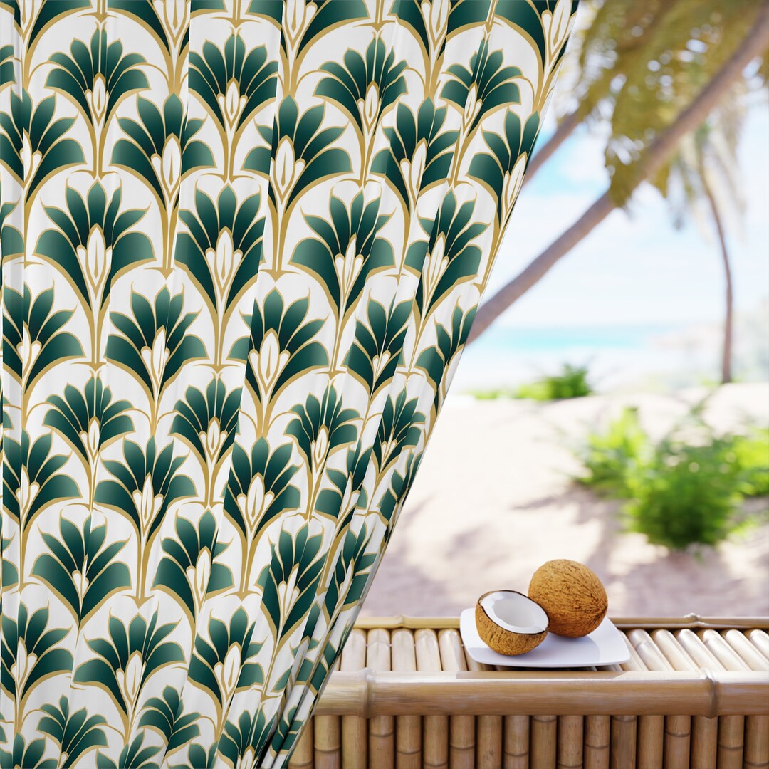 Art Deco Window Curtains Vintage Home Decor White Green Gold Bedroom ...