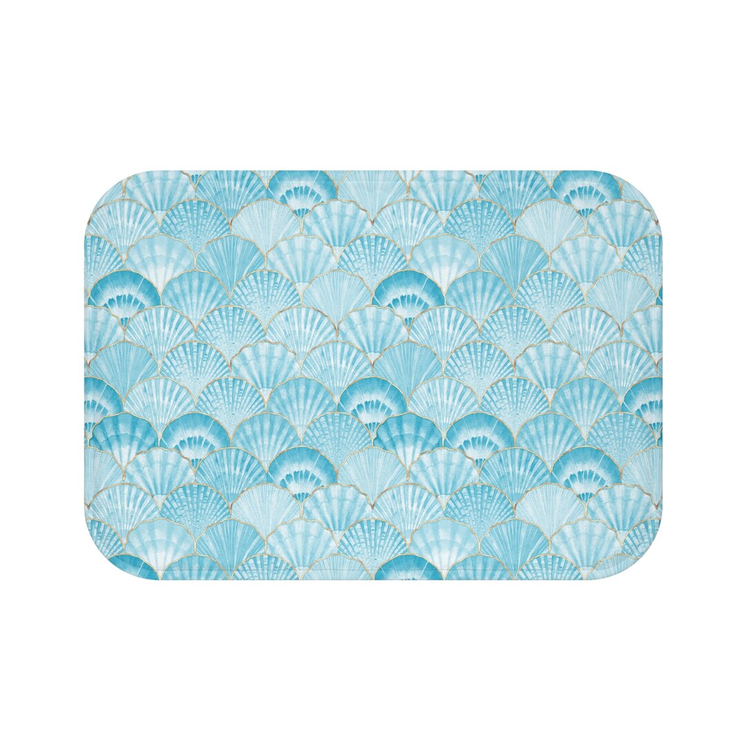 Sea Shell Bath Mat Aqua Blue White Bath Mats Beach Bathroom Decor Ocean ...