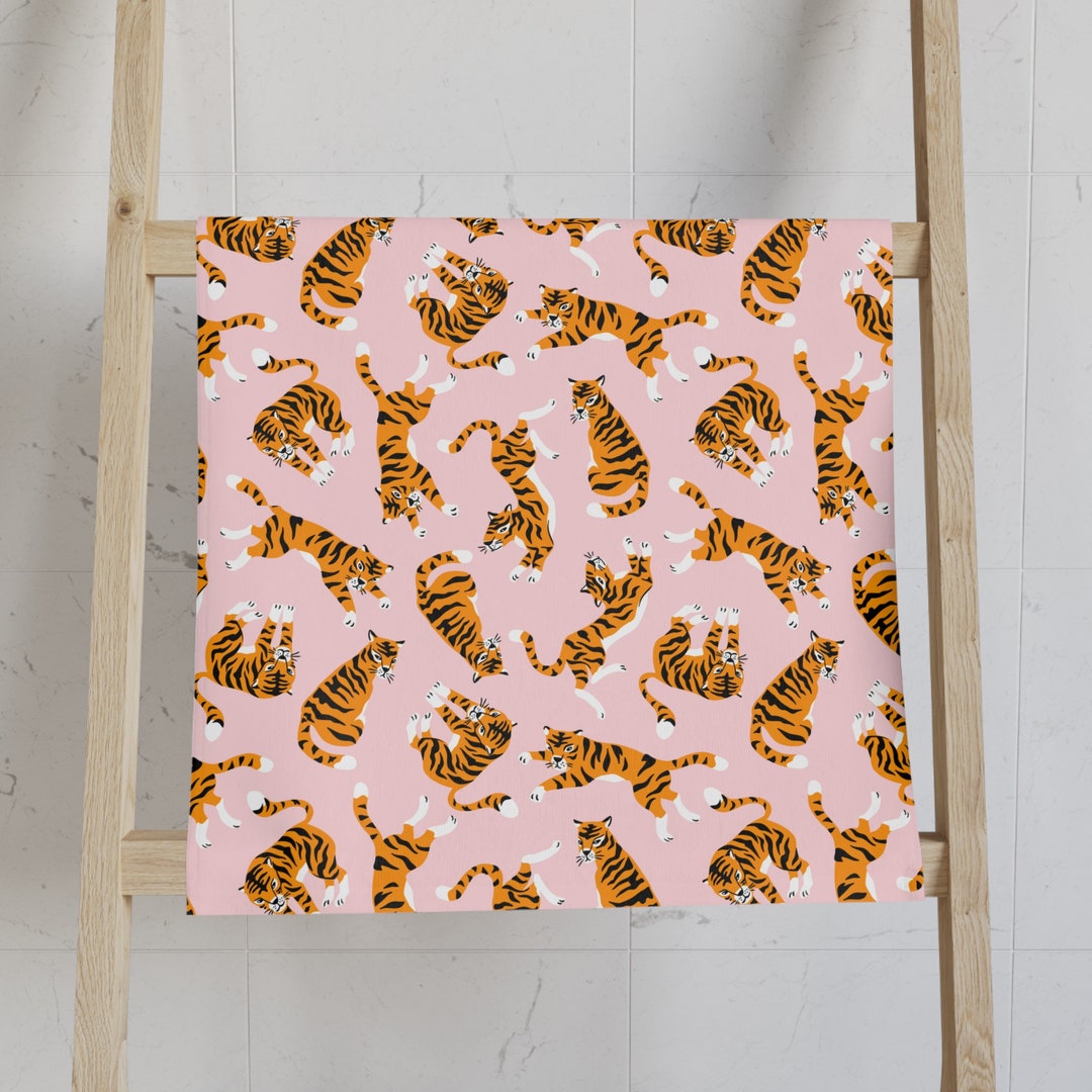 Tiger Hand Towel Kids Bathroom Decor Animal Print Pattern Pink Orange ...
