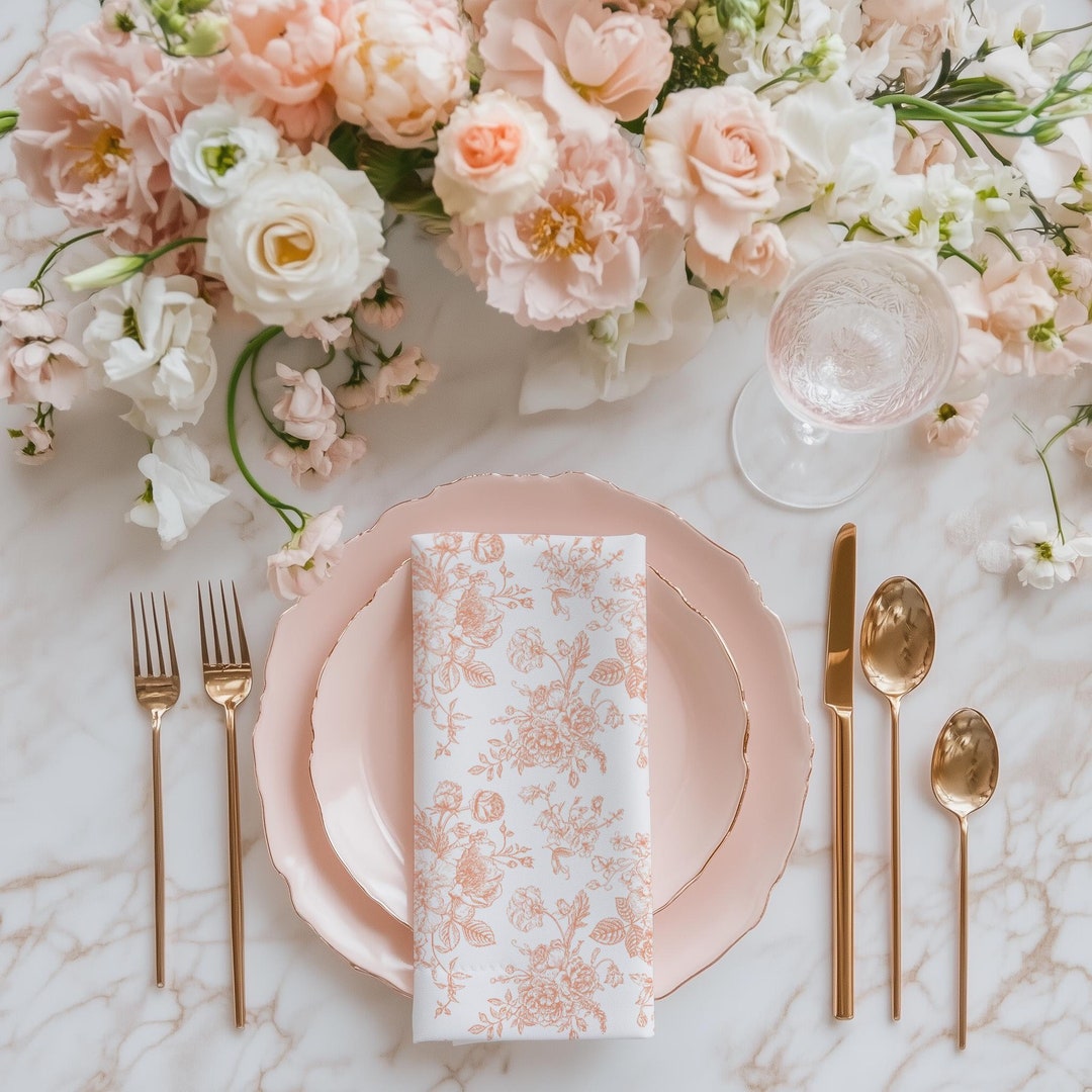 Vintage Peach Roses Napkins Set Wedding Table Decor Pink Peony Flowers ...