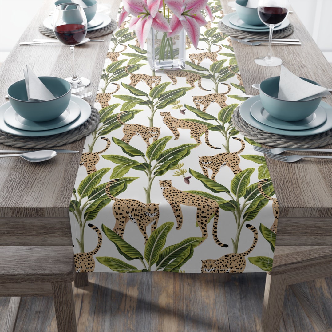 Cheetah Table Runner Tropical Jungle Table Decor White Green - Etsy