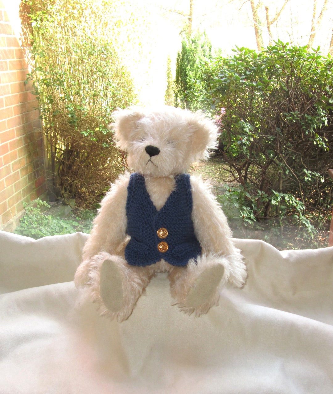 Hand Knitted Teddy Bear Clothes, Blue Waistcoat, Pocket Detail, Gold ...
