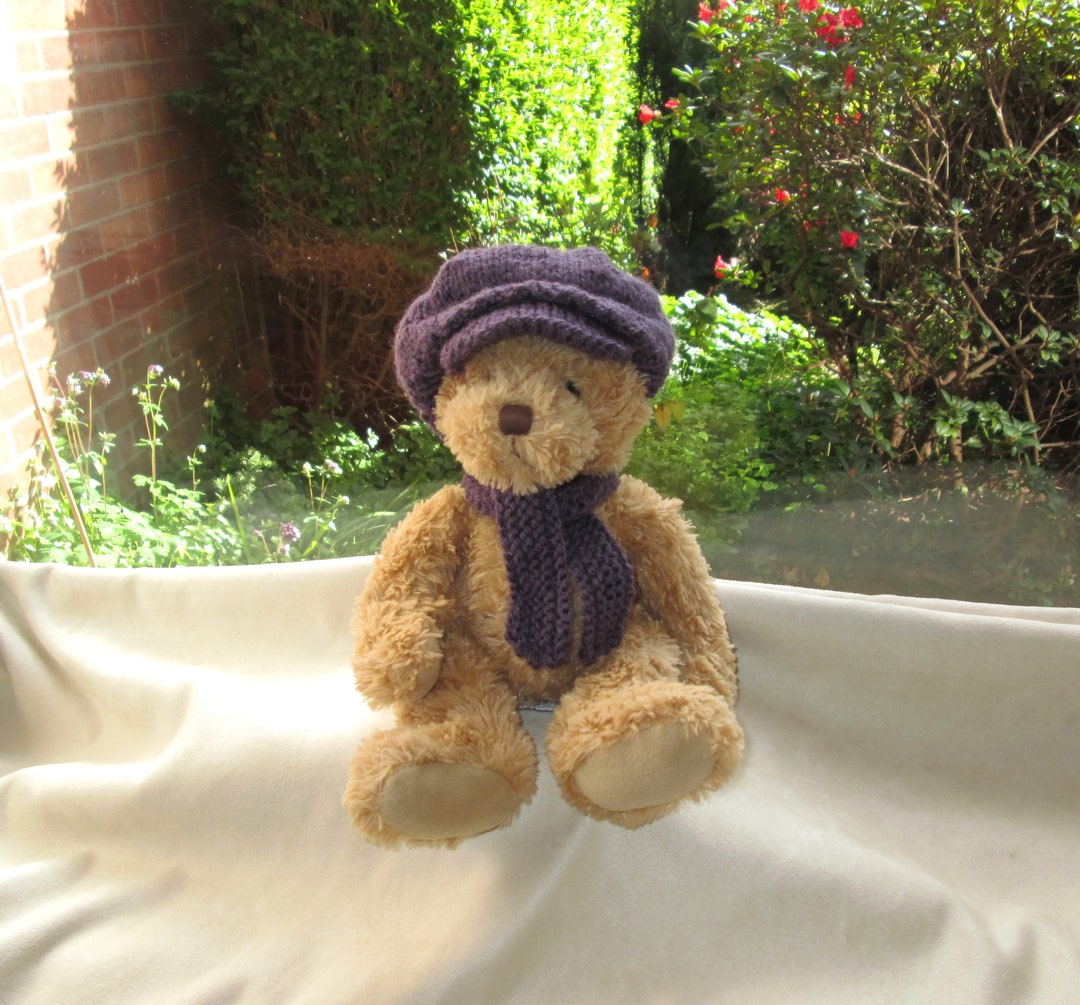 Teddy Bear Clothes, Hand Knitted Purple Heather Flat Cap & Matching ...
