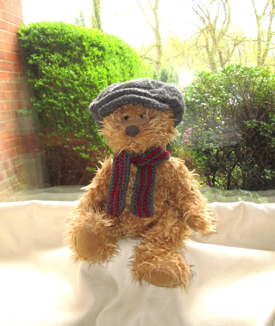 Teddy Bear Clothes, Hand Knitted Grey Flat Cap & A Striped Scarf ...