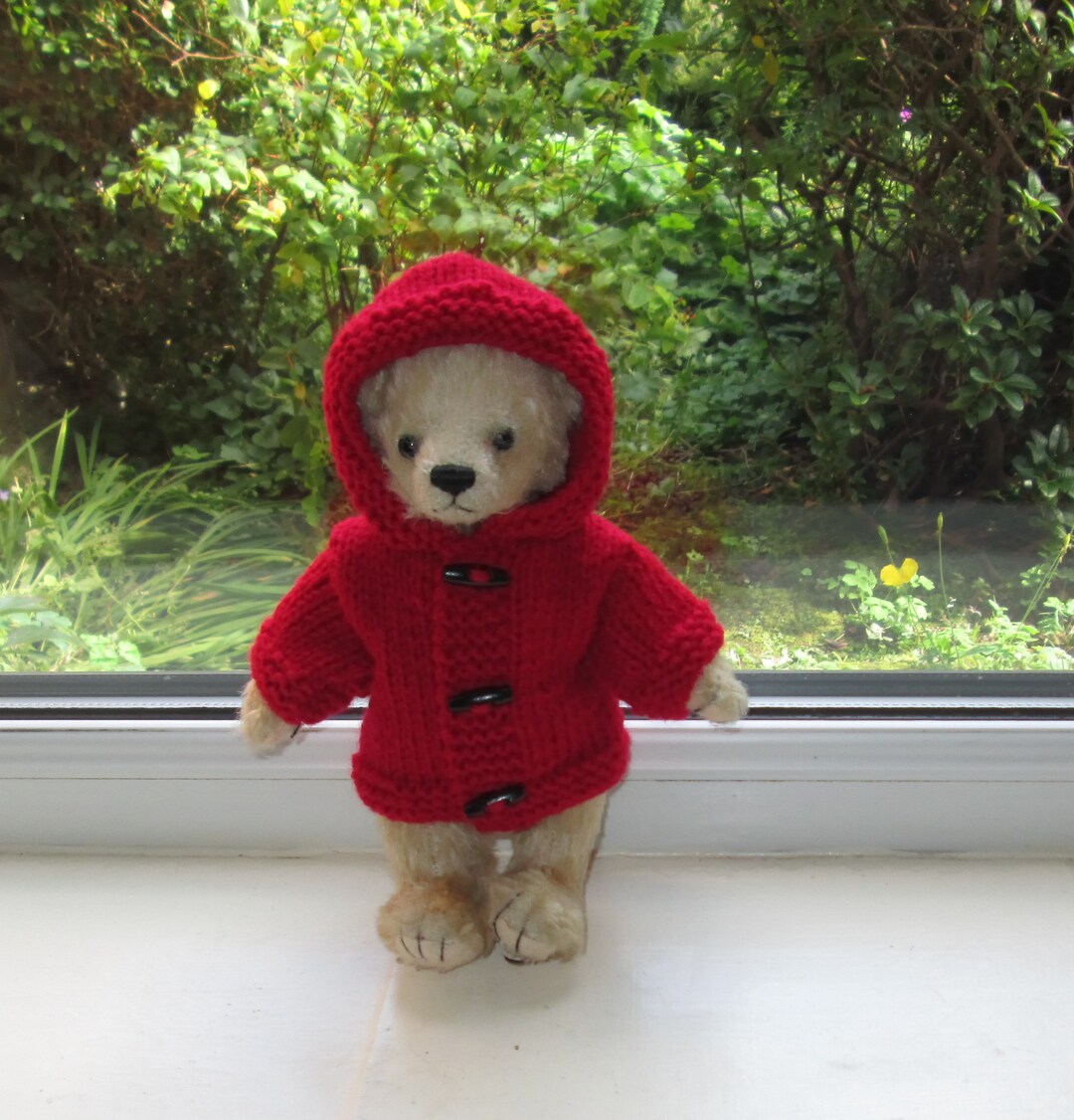 Teddy Bear Clothes, Hand Knitted Red Hooded Duffle Coat, Toggle Buttons ...