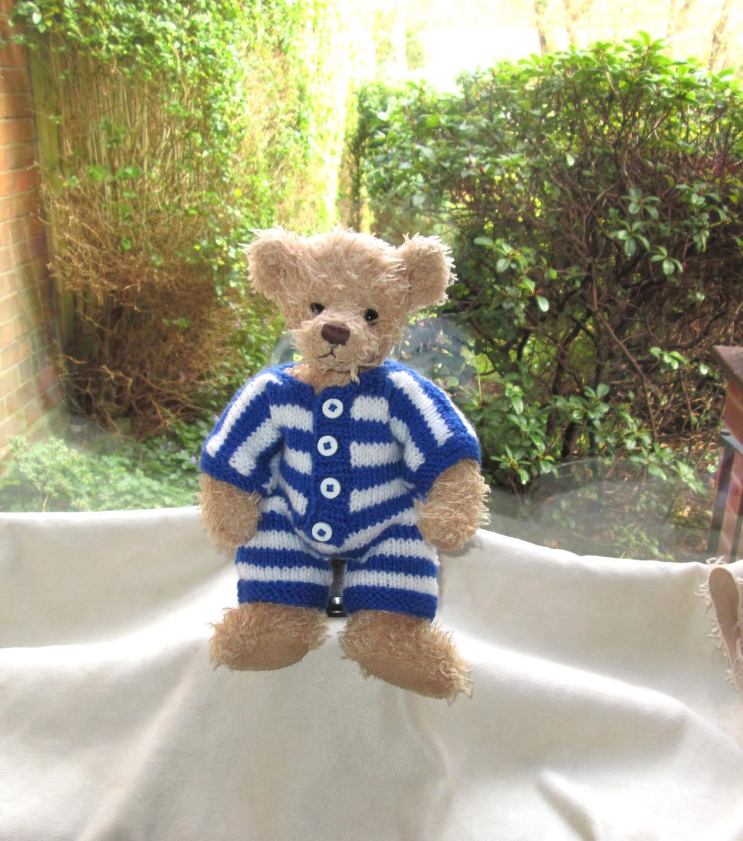 Teddy Bear Clothes, Hand Knitted Blue & White Striped All in One Outfit ...