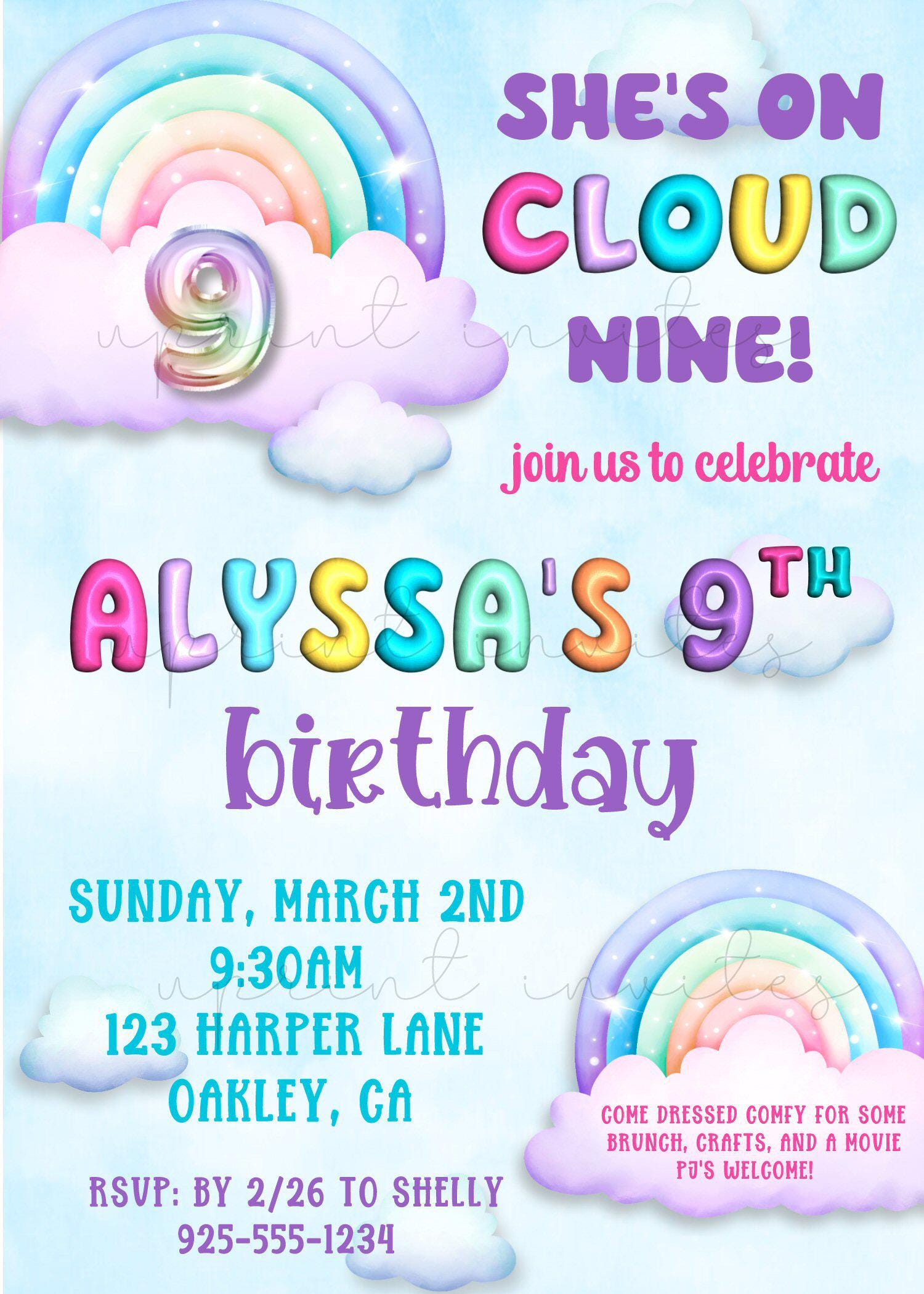 Cloud Nine Digital Birthday Party Invitation With Pastel Rainbows and Clouds, We're on Cloud ...