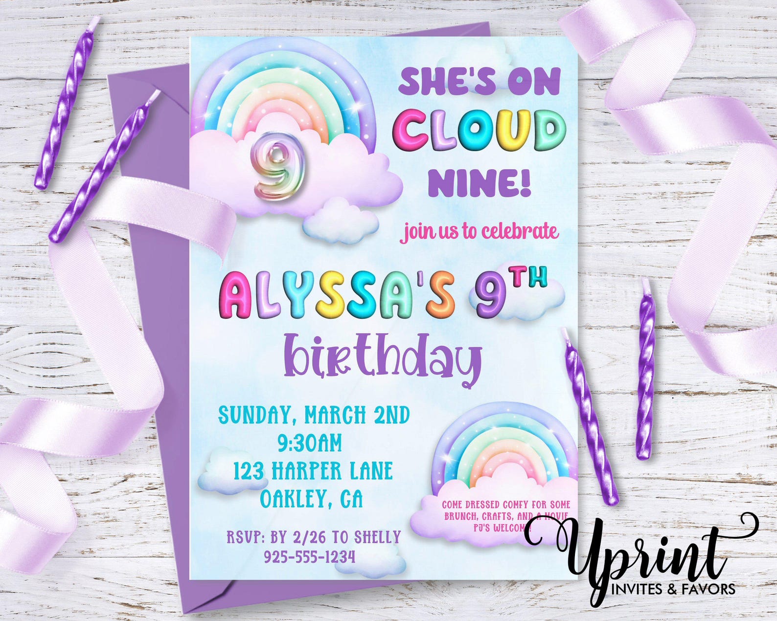 Cloud Nine Digital Birthday Party Invitation With Pastel Rainbows and Clouds, We're on Cloud ...