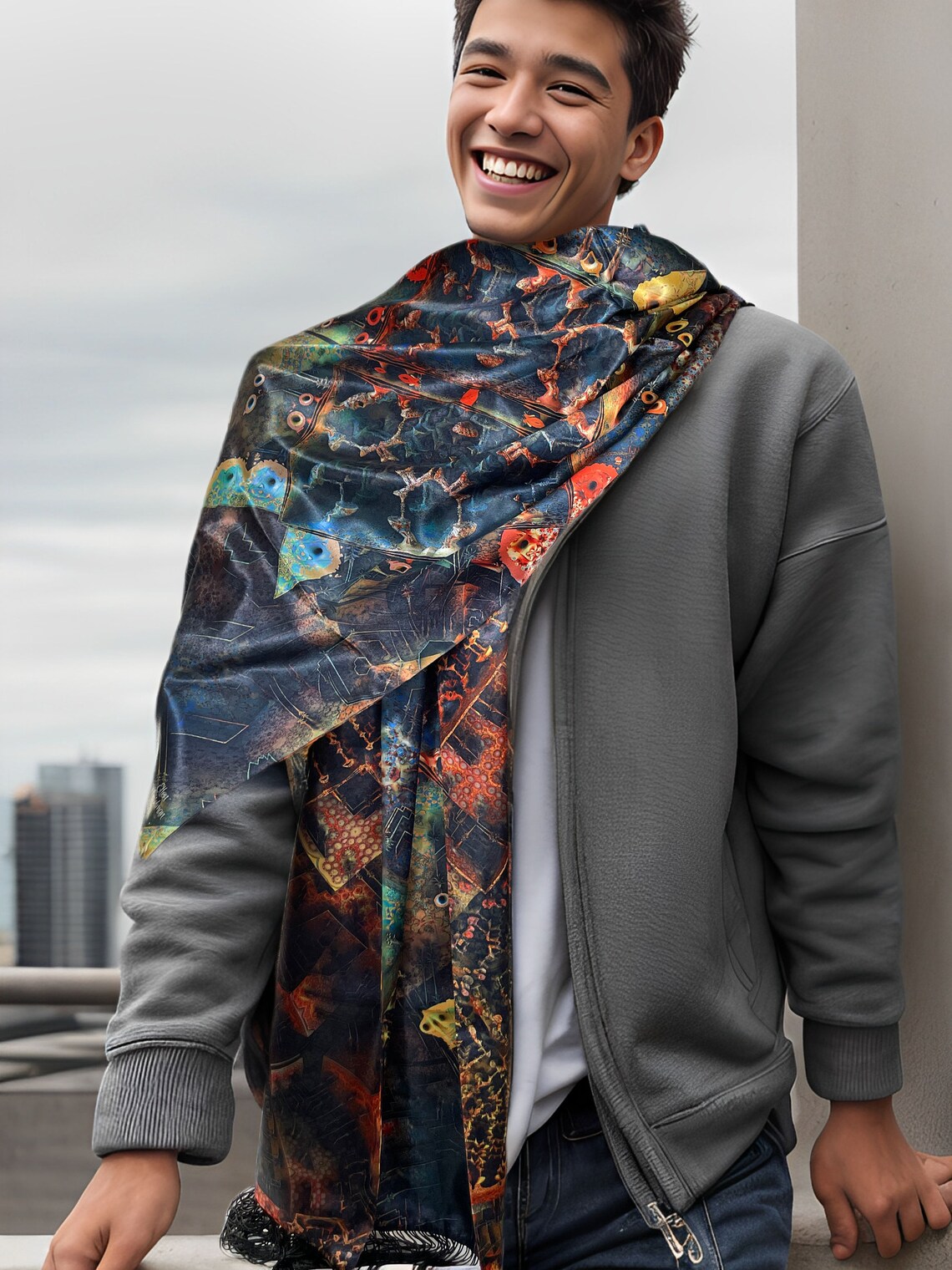 Reversible Poly-satin Festival Scarf: Fractal Patchwork Psychedelic ...