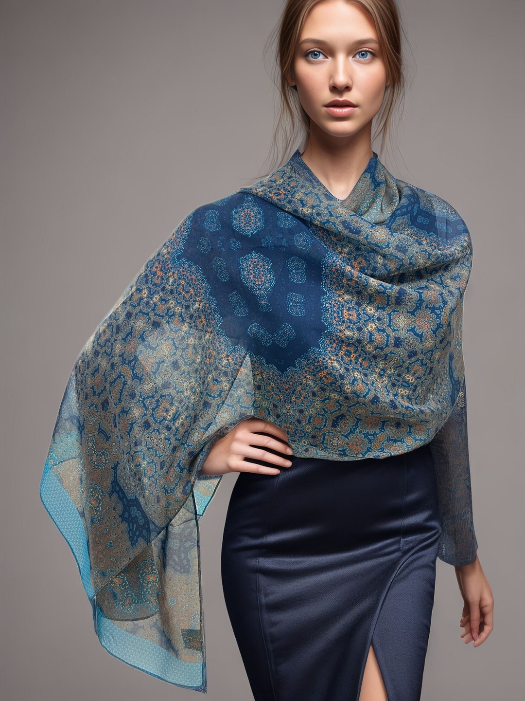Long Blue Scarf Shawl, Silk Meditation Shawl, Teal Green, Blue, Peach ...