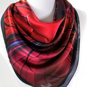 Red and Gold Silk Satin Scarf for Women, 36" Square Abstract Ruby Jewel ...