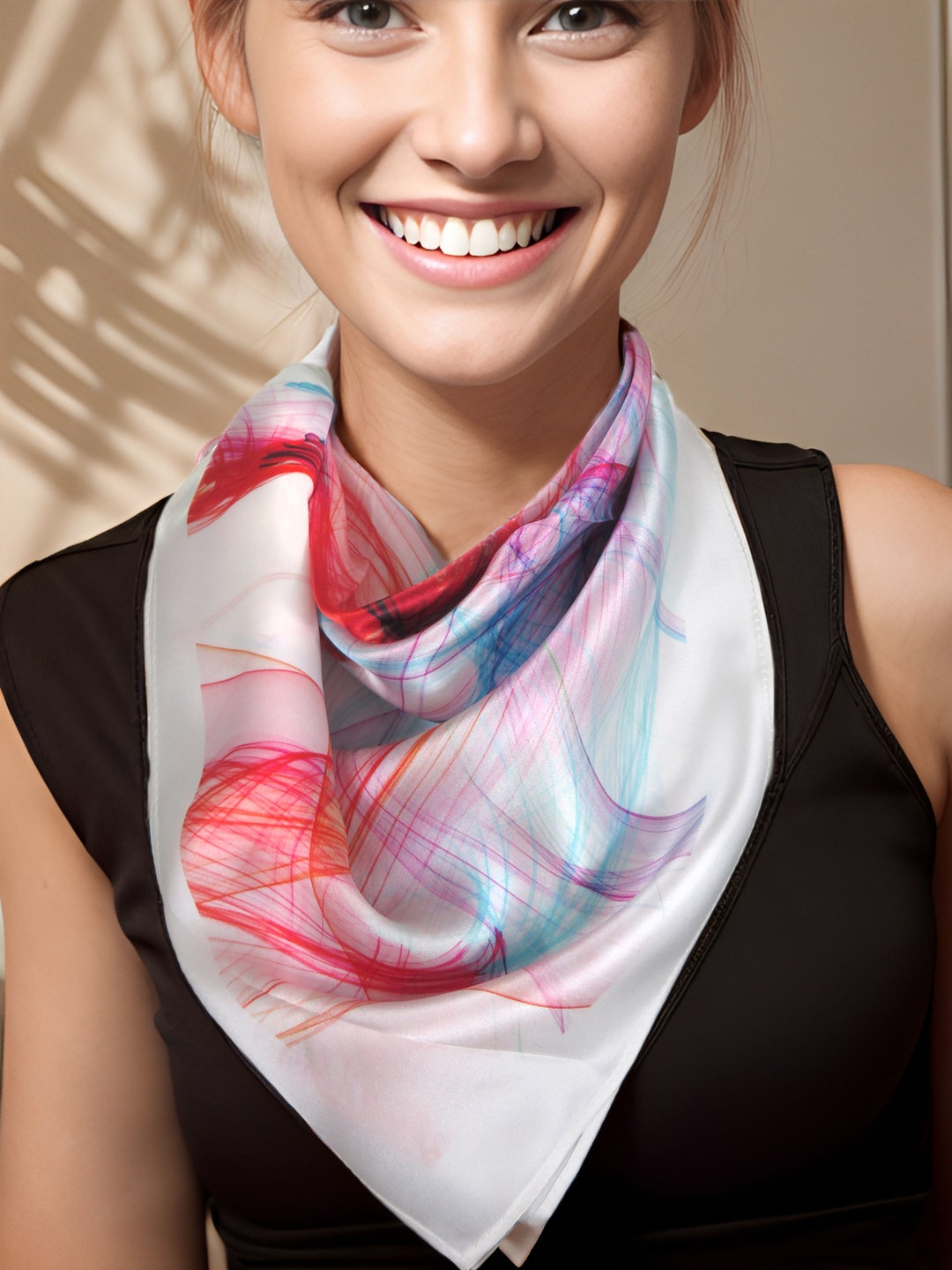 Pink and Blue on White Silk Scarf, 26" Mulberry Silk Sating Scarf ...