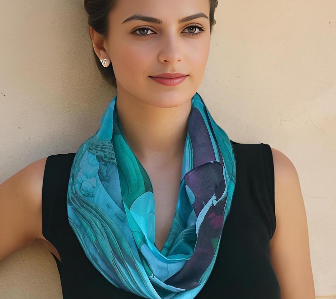 Sheer Silk Chiffon Infinity Scarf: Turquoise Blue Fractal Design - Etsy