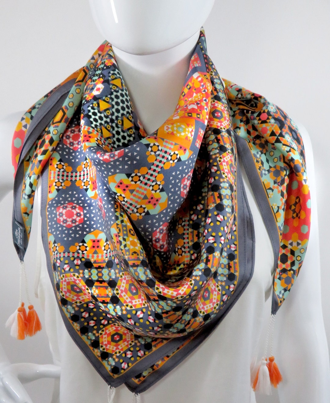 Tassels Scarf in Silk Twill, Burnt Orange, Black and Green. Double ...