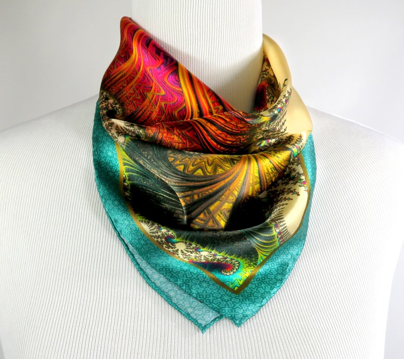 Silk Neckerchief, "carnival Gold" Fractal Scarf, 16" Square - Etsy