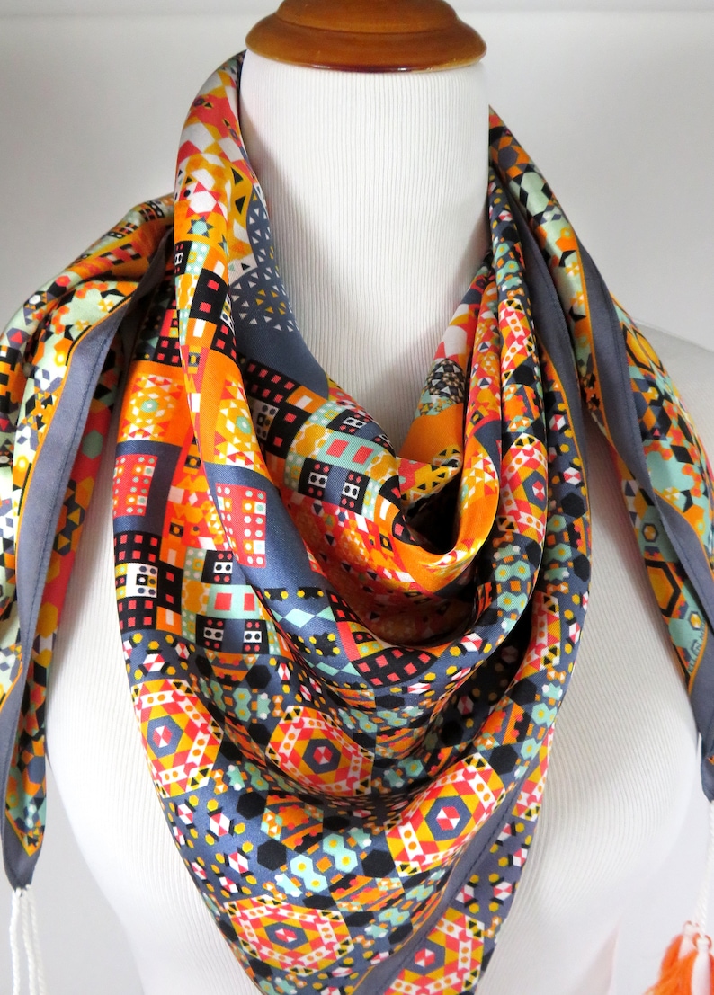 Silk Twill Scarf with Tassels in Burnt Orange Black and | Etsy