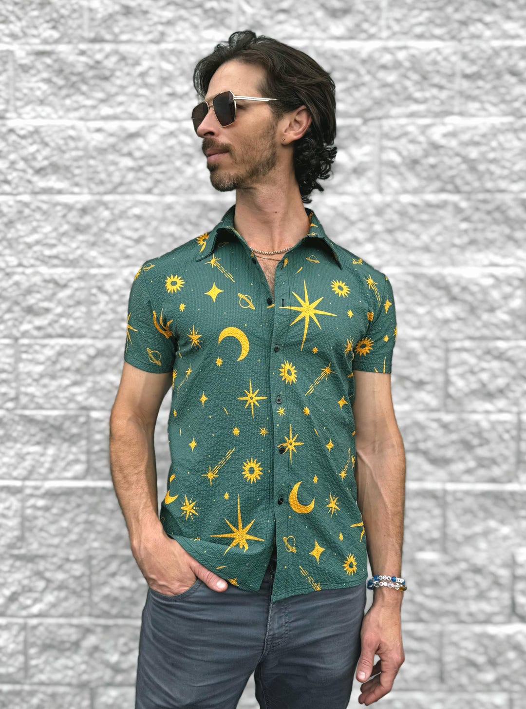 Celestial Button-up Shirt: Retro Sun, Moon, Stars Print - Etsy
