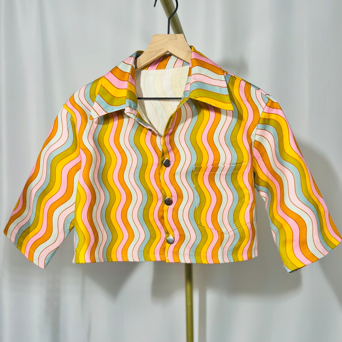 Wavy Rainbow Cropped Light Denim Jacket; Lightweight Cotton Jacket With ...