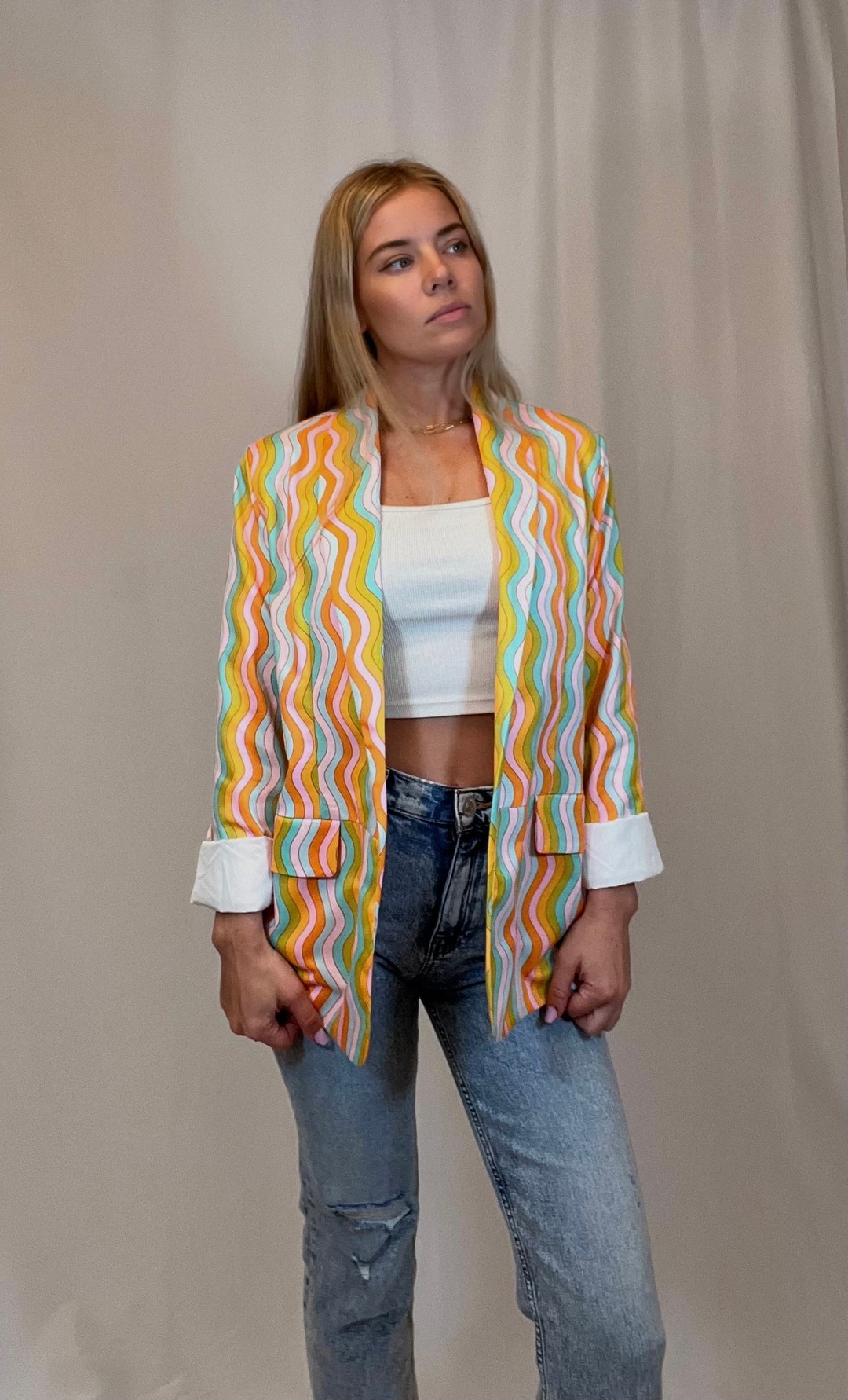 Wavy Rainbow Blazer Funky Psychedelic Colorful Jacket With Pockets ...