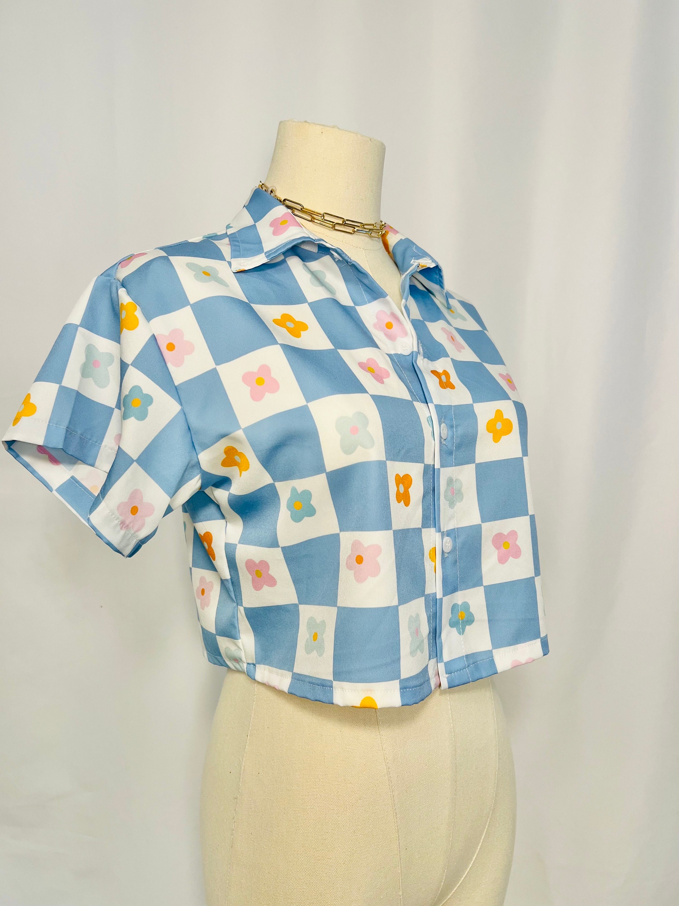Checkered Floral Crop Top: 70s Retro Button-down Shirt - Etsy