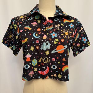 Cosmic Crop Top: Psychedelic Space Print Button-down Shirt - Etsy