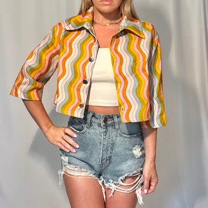 Wavy Rainbow Cropped Light Denim Jacket; Lightweight Cotton Jacket With ...