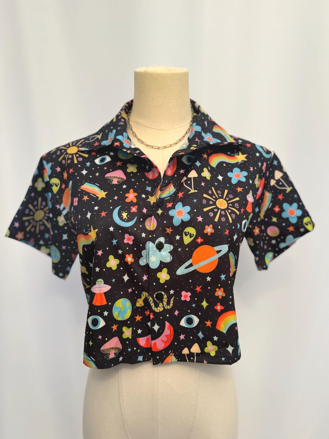 Cosmic Crop Top: Psychedelic Space Print Button-down Shirt - Etsy