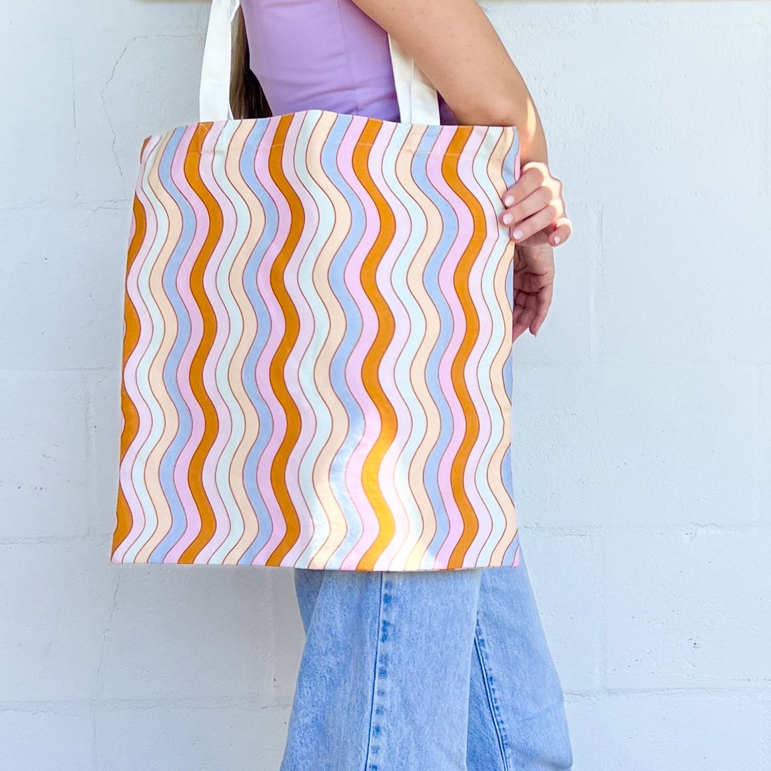 Wavy Pastel Tote Bag; Double Sided Print Cute Retro Canvas Bag; Canvas ...