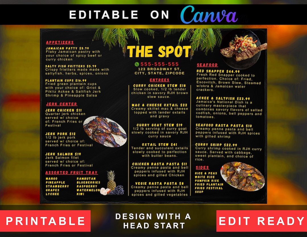 Jamaican Restaurant Menu, Caribbean Restaurant E-menu, Editable Menu ...