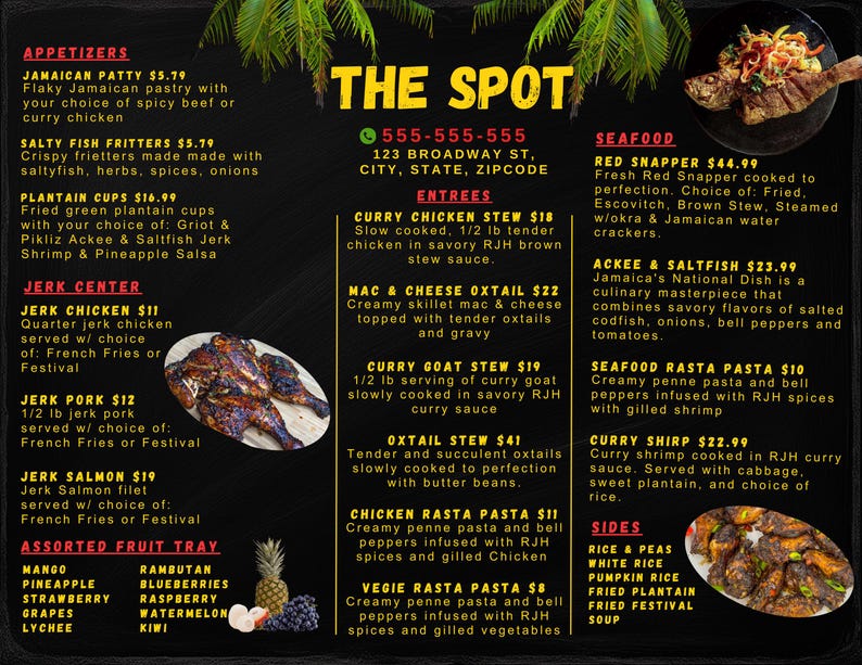Jamaican Restaurant Menu, Caribbean Restaurant E-menu, Editable Menu ...