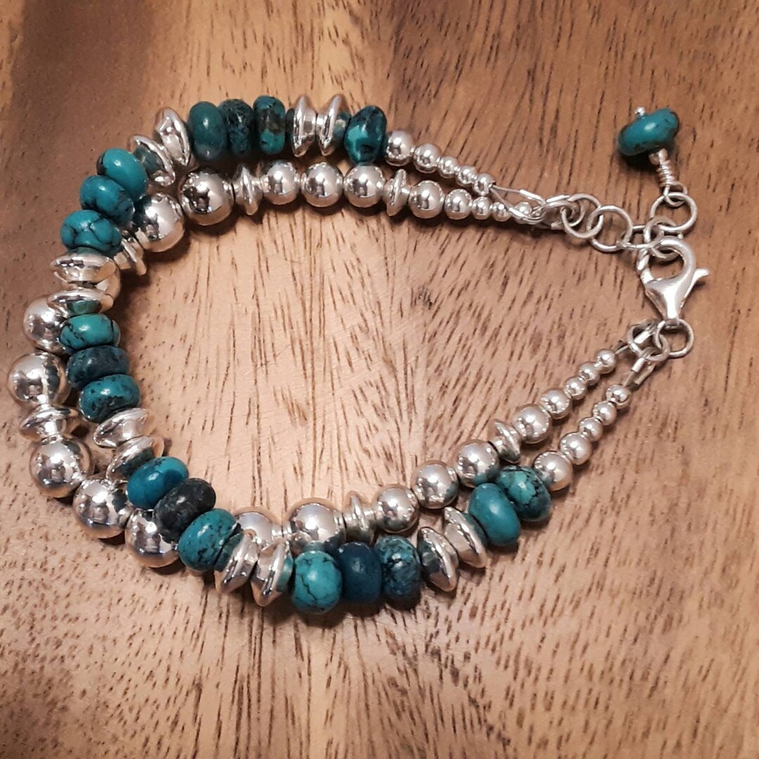 Turquoise and Sterling Bracelet, Two-strand Bracelet, Southwestern ...