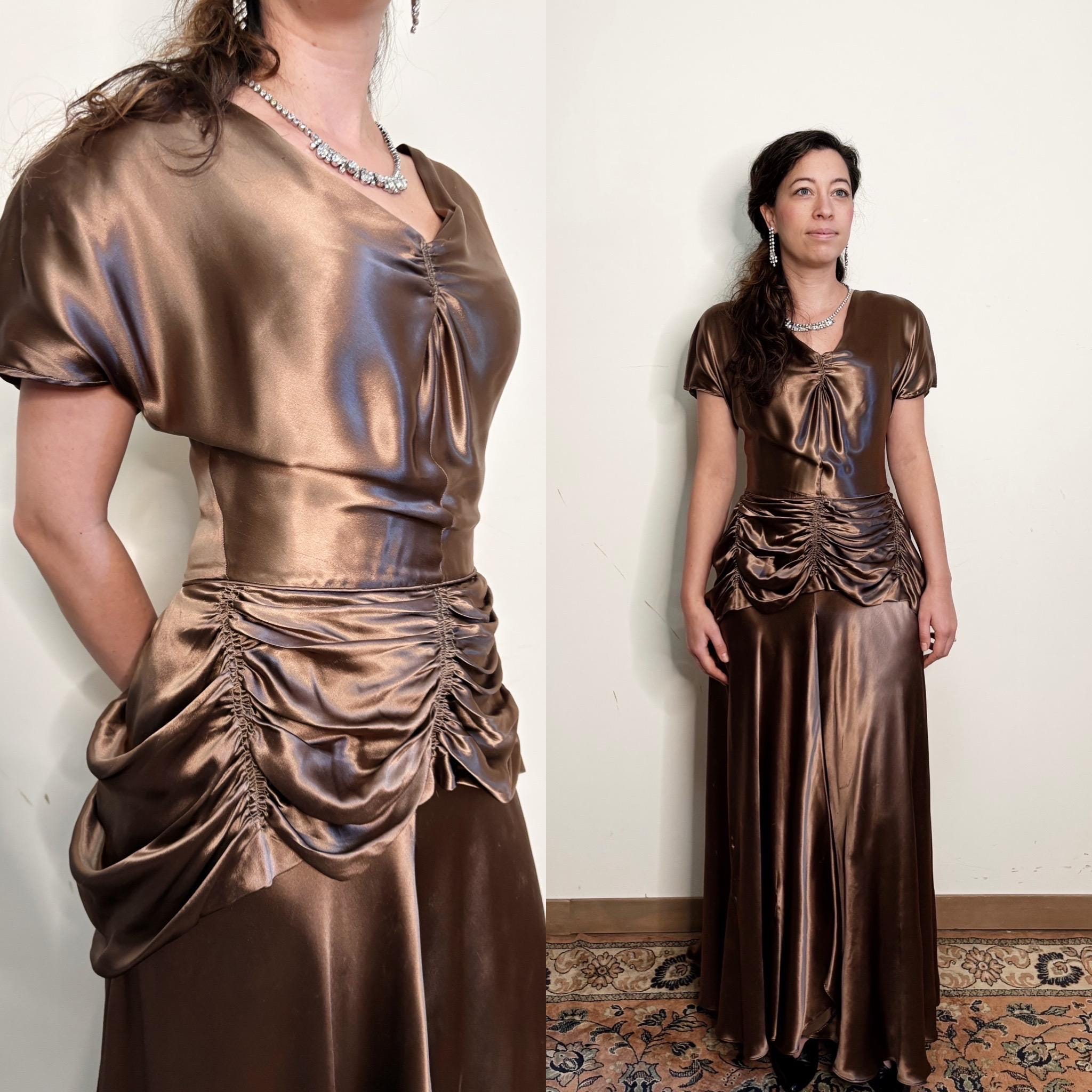 Late 1930s Bronze Liquid Satin Evening Gown / Old Hollywood Bias Cut ...