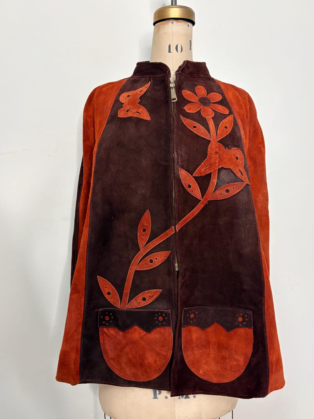1970s Suede Cape | Folk Art Leather Cape With Floral Appliqué | Zip ...