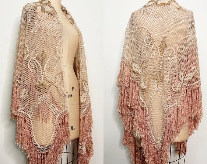 1930s–1950s Art Deco Style Net Lace Shawl With Fringe | Blush Ivory ...