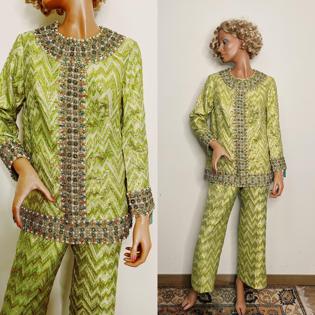 1960s Heftco Green Metallic Brocade Pants Set | Beaded Sequin Tunic ...