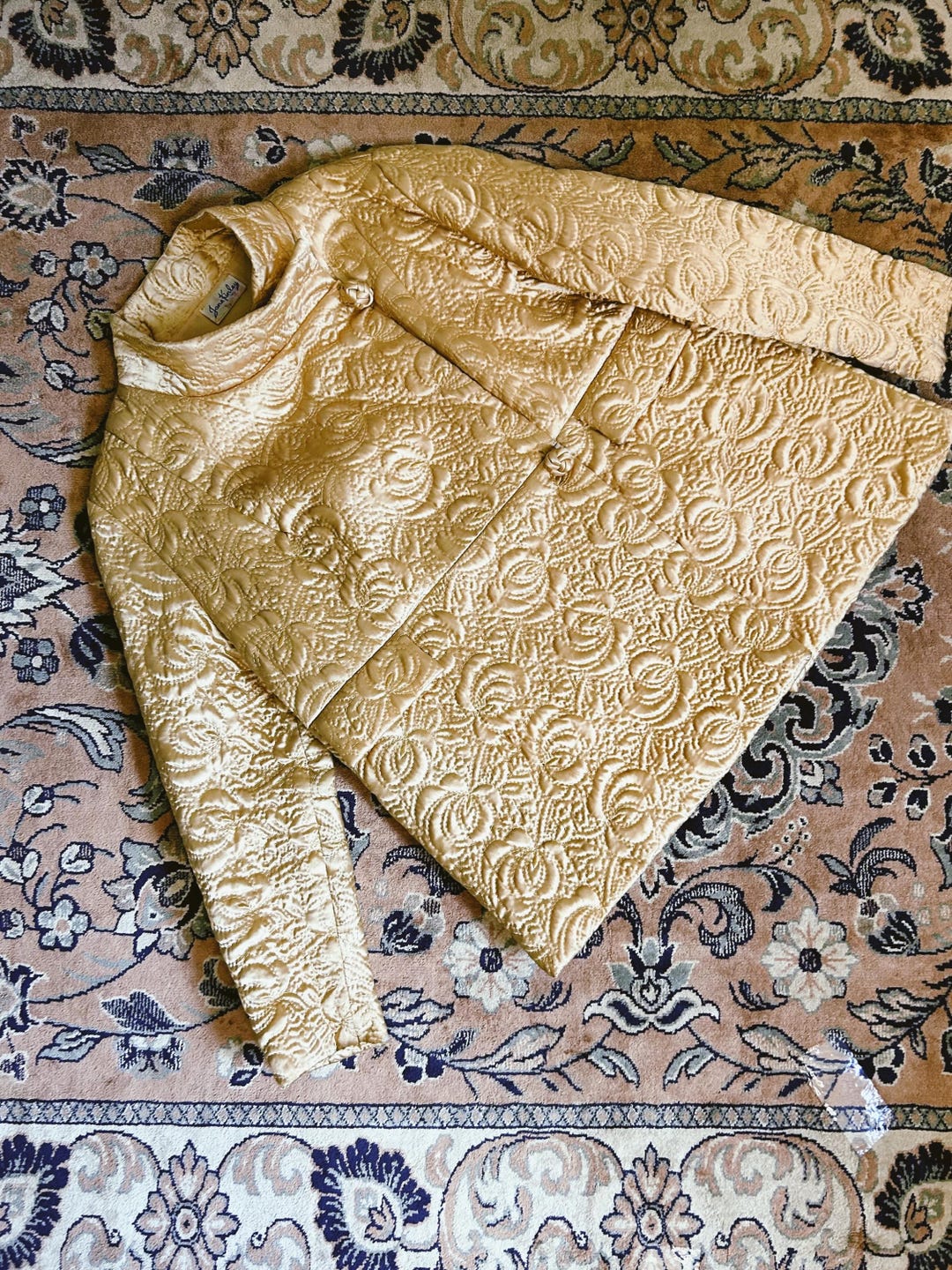 1960s Mod Gold Quilted Jacket W/ Rose Pattern & High Neck, Asymmetrical ...